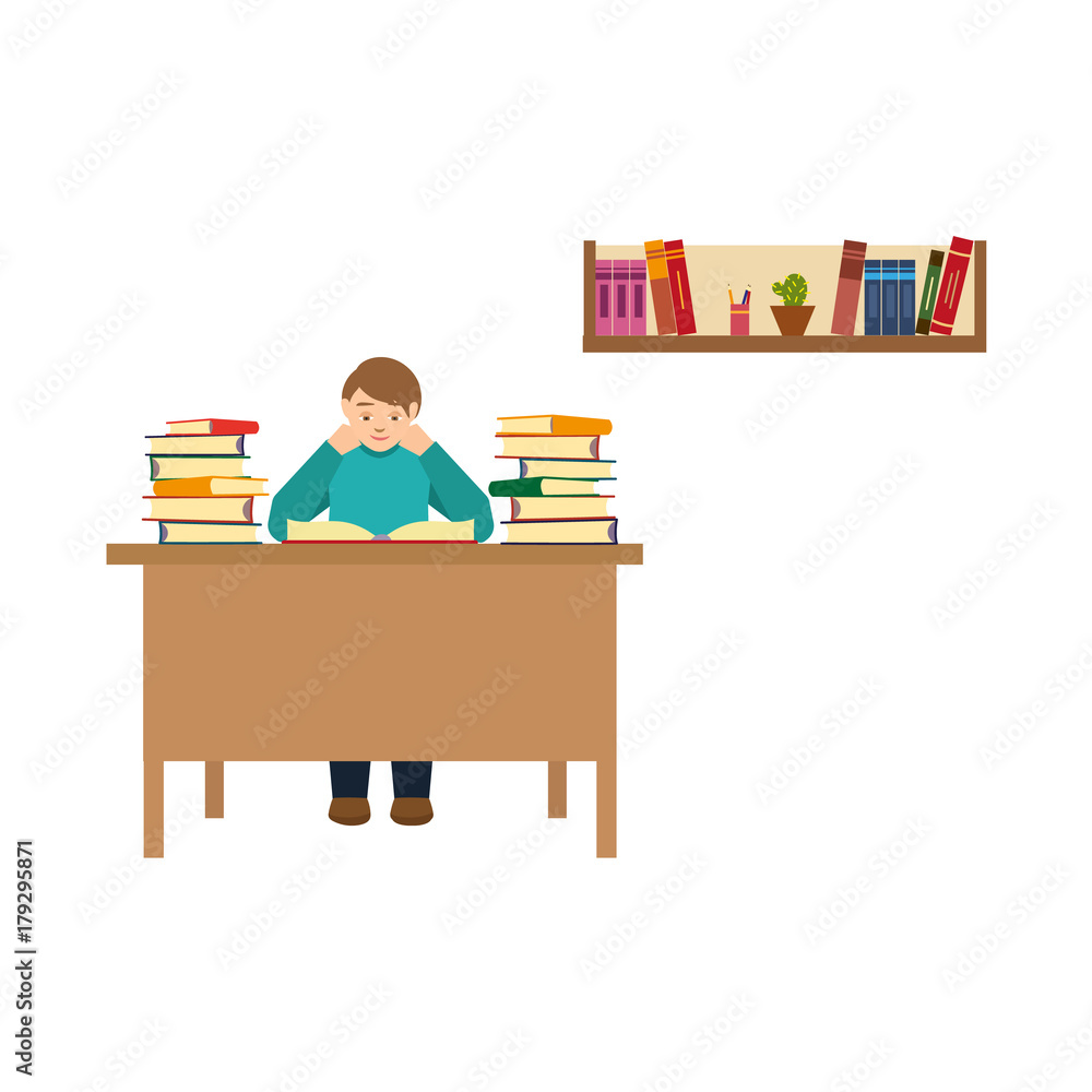 Cartoon Student Reading At Desk