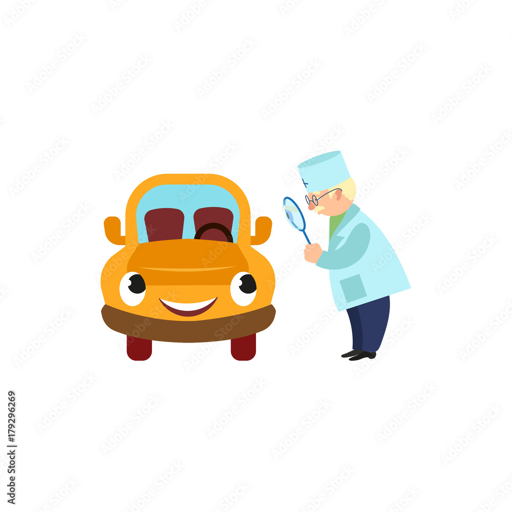 Funny old doctor making visual inspection, examination of car character ...