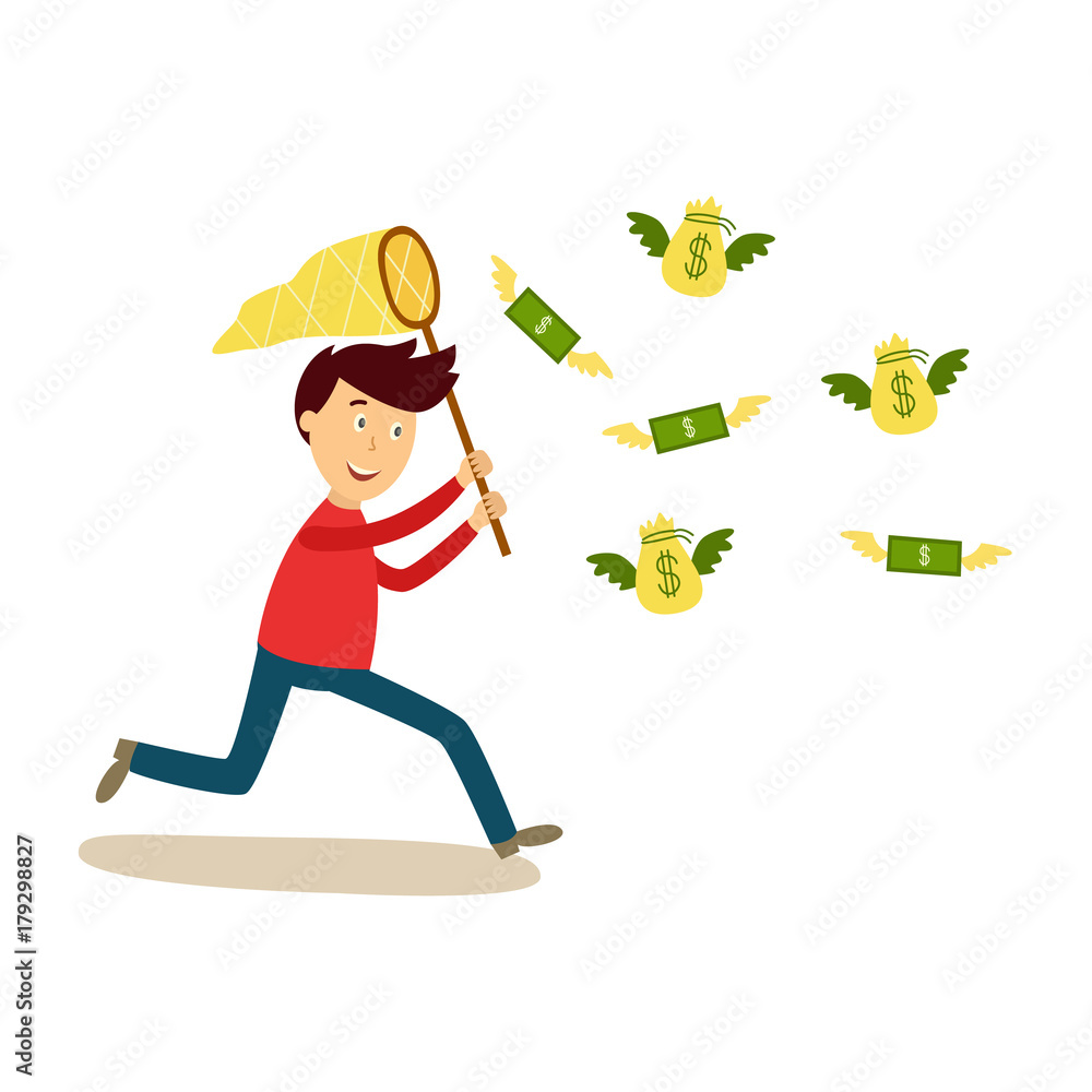 Happy laughing man running after flying money with butterfly net ...