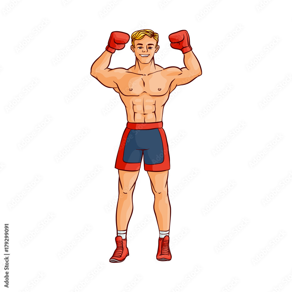 vector cartoon muscular strong handsome boxer man bare torso and chest ...