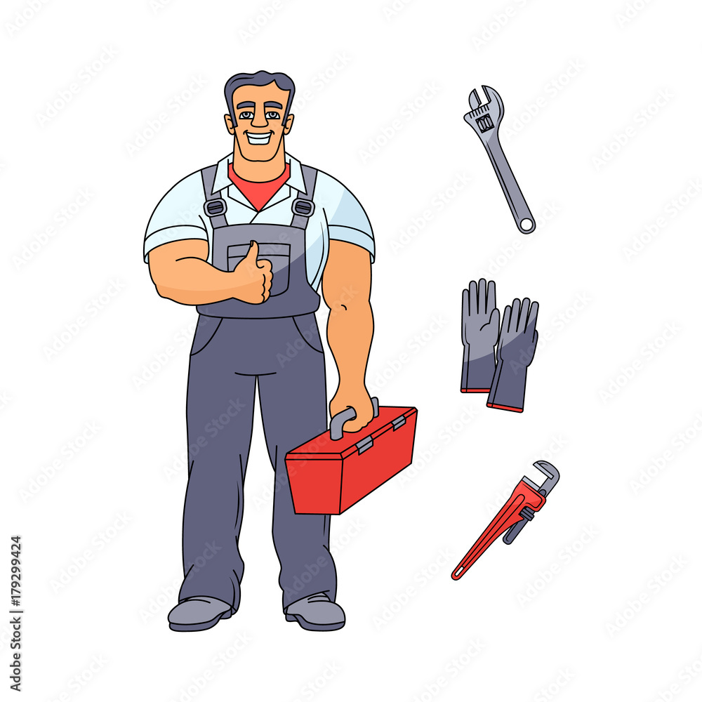 vector cartoon handsome muscular man blumber in working uniform holding ...