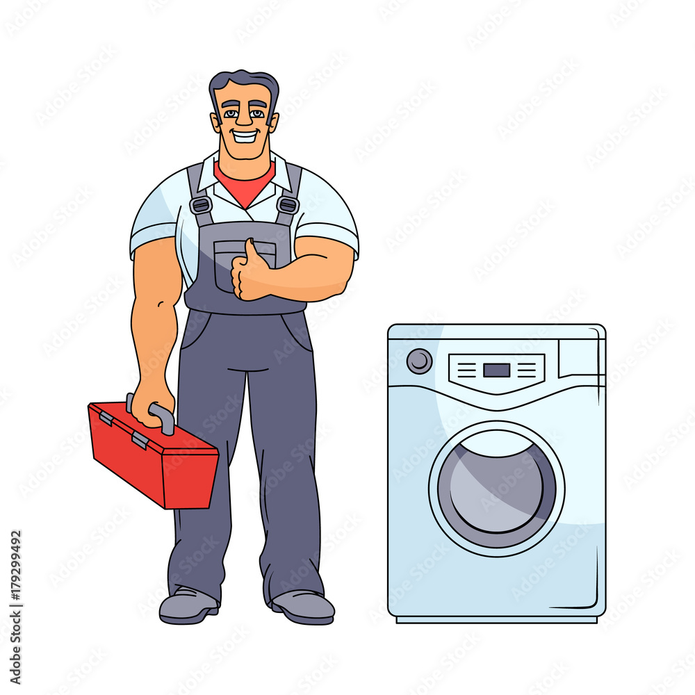 vector cartoon handsome muscular man blumber in working uniform holding ...