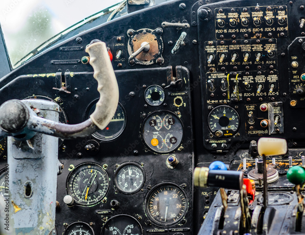 Vintage airplane cockpit interior. Cockpit of an old biplane Stock ...