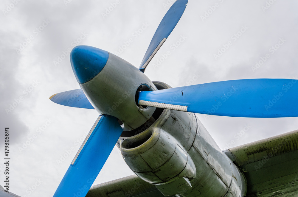 Close up of airplane turboprop engine with propeller, parts of aircraft ...
