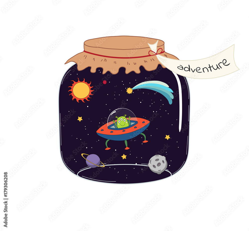 Hand drawn vector illustration of a cute funny alien in a flyng saucer ...