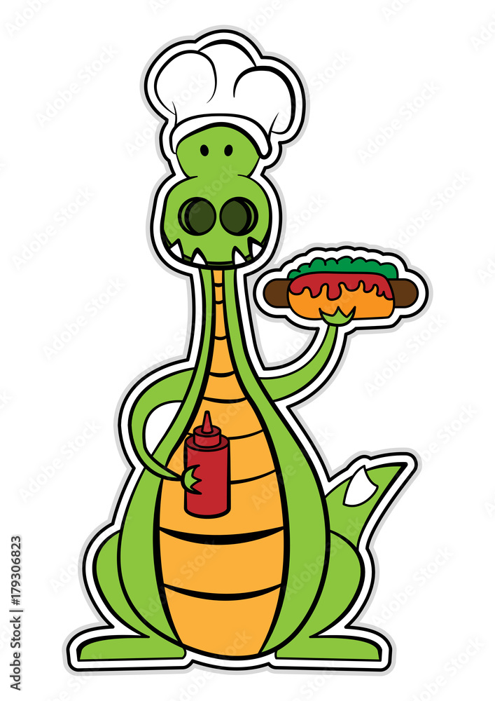 a dragon in a chef's hat, green lizard eats hot dog, vector image, flat ...