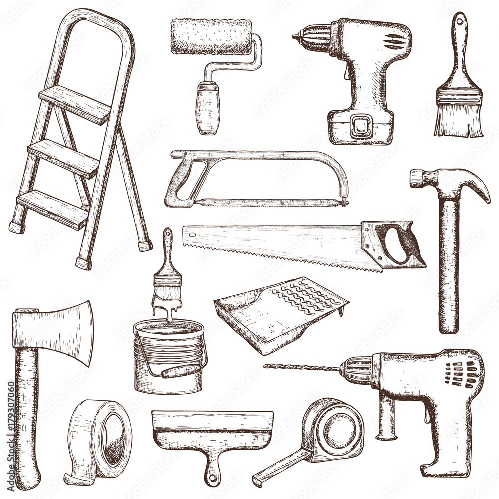 Set of building repair tools, sketch illustration of repair tool ...