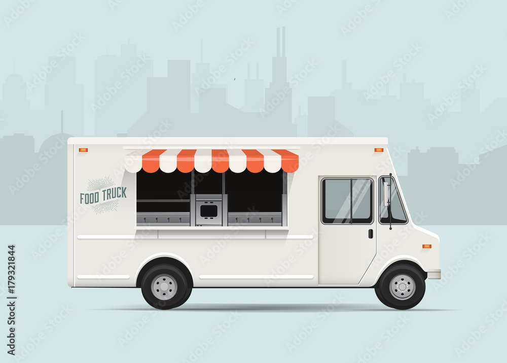 Side View Food Truck with City Landscape on the Background. High ...