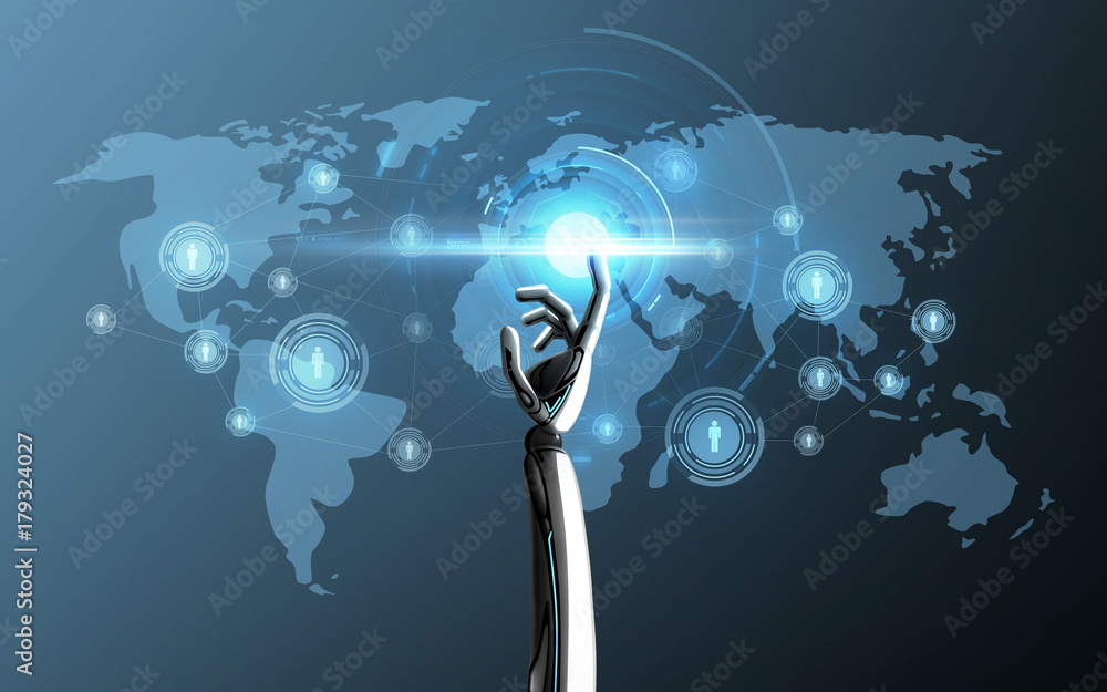 robot hand touching world map projection Stock Illustration | Adobe Stock