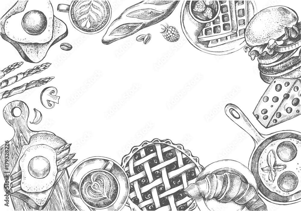 Background with ink hand-drawn food and drinks. Breakfast and brunch ...