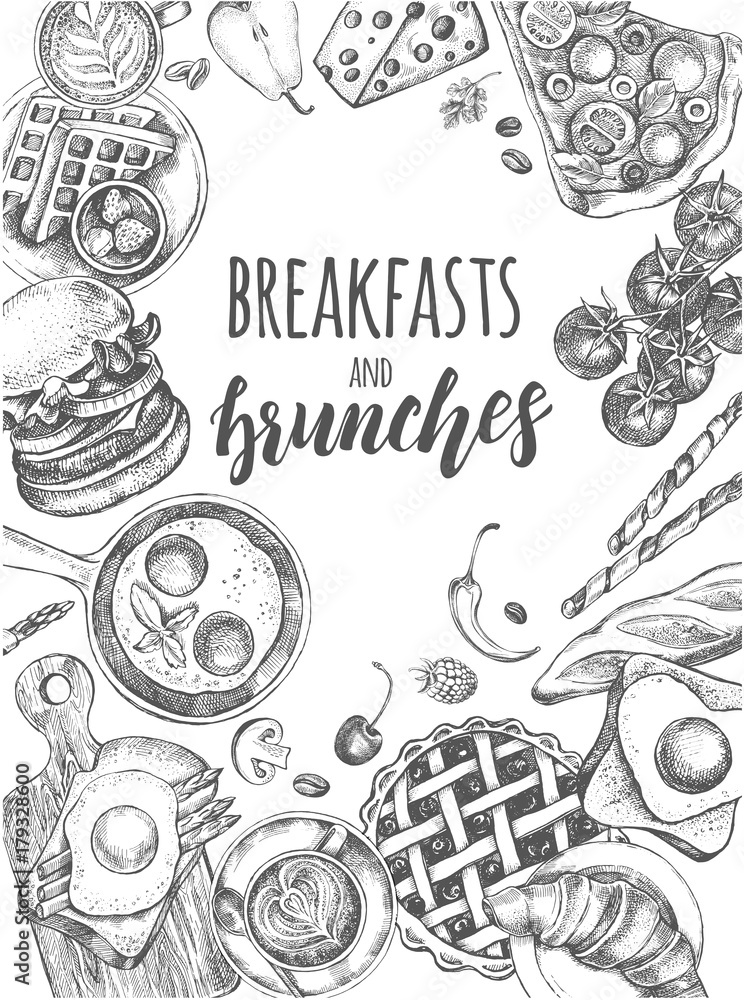 Background with ink hand-drawn food and drinks. Breakfast and brunch ...
