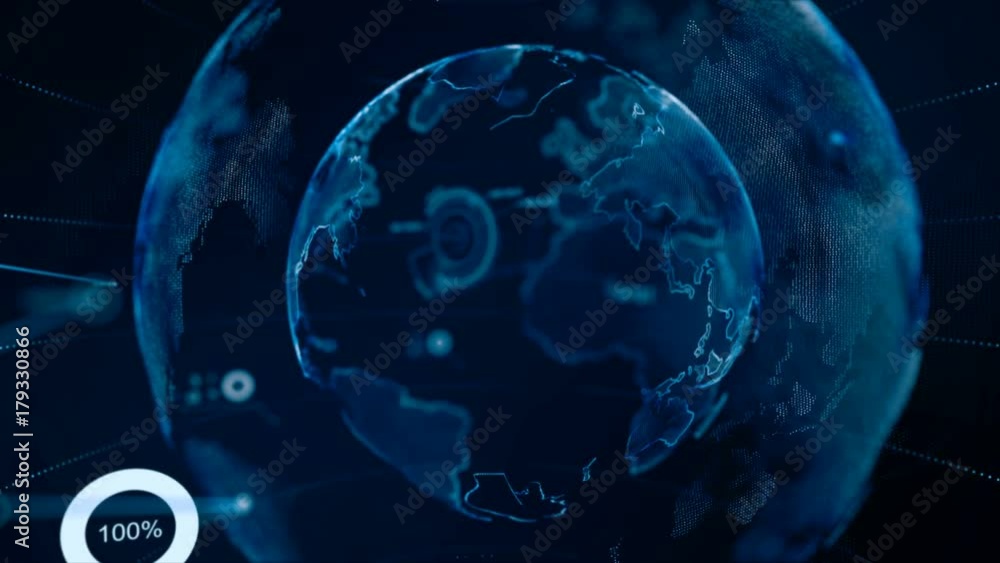 4K Animation Globe with dot world map HUD and infographic graph bar ...