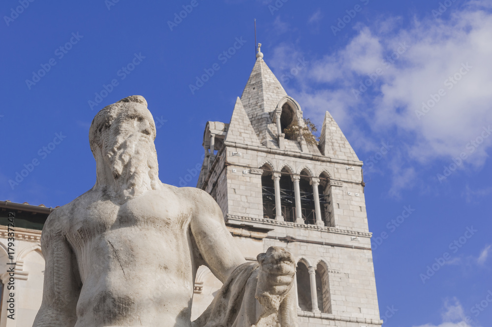Marlbe statue and tower of Carrara's chatedral Stock Photo | Adobe Stock