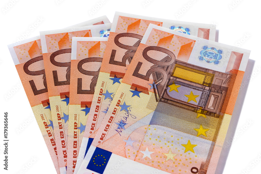 Euro fifty 50 currency money bill or banknote several fan shape ...
