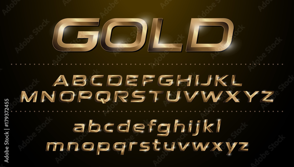 Alphabet fonts. Metallic, golden effect italic letters on a dark ...