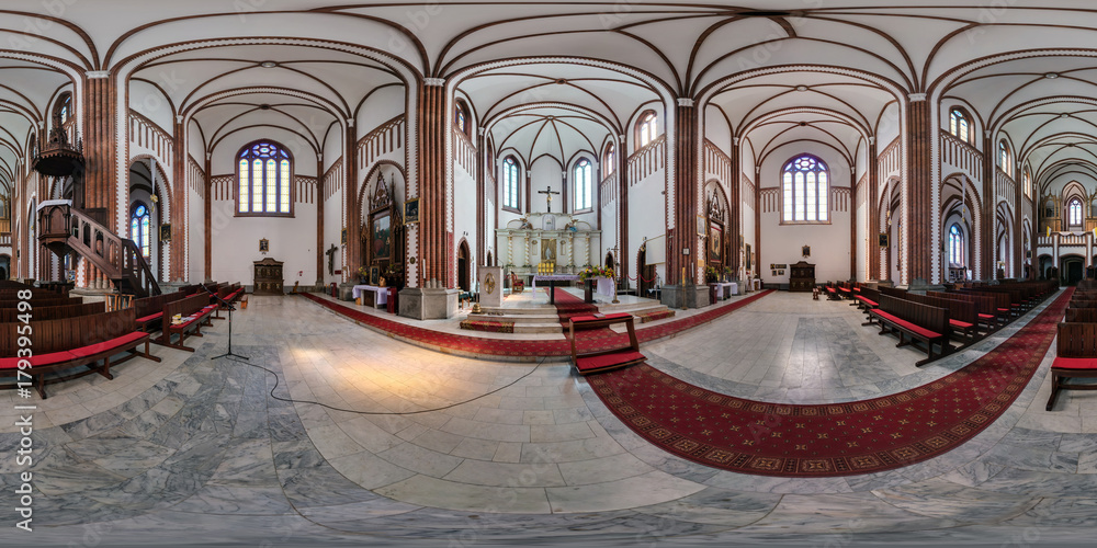 Panorama in interior beautiful catholic church. Full 360 by 180 degree ...