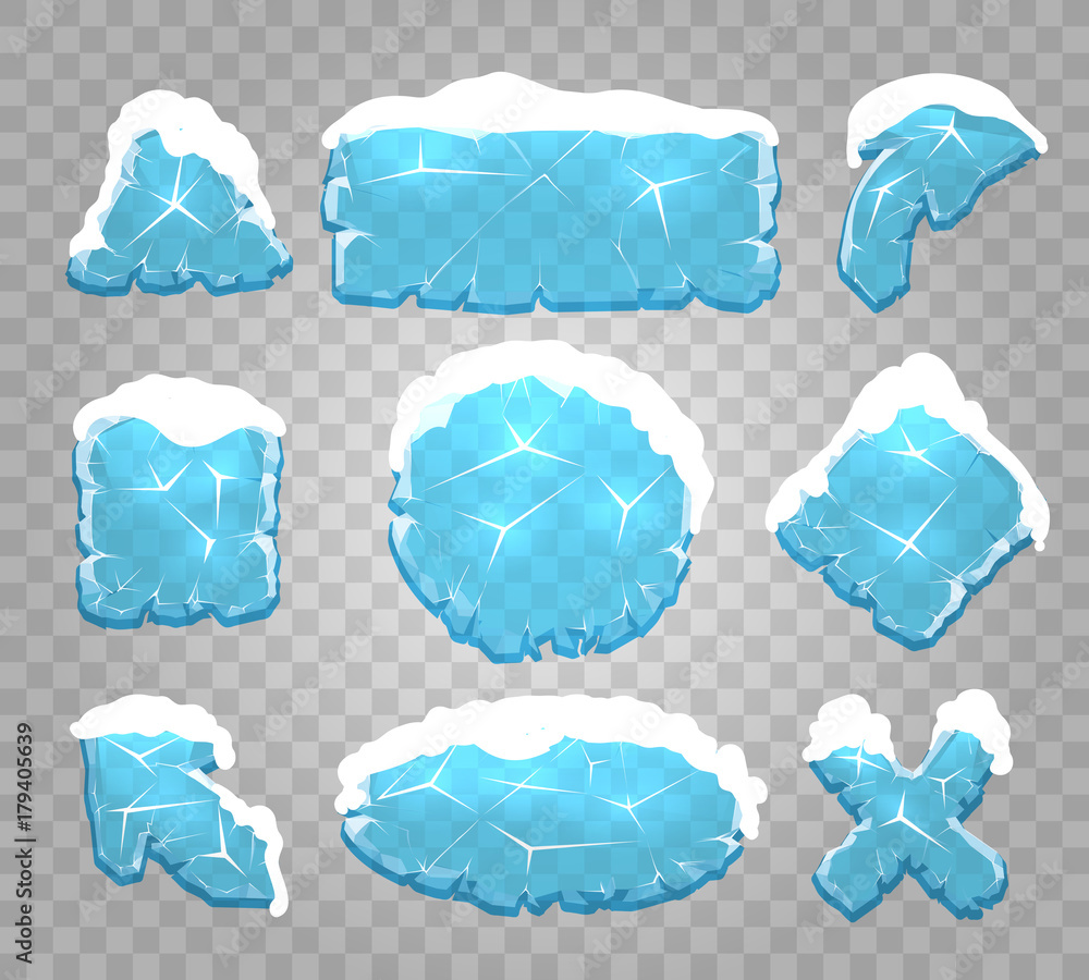 Ice buttons. Icy crystals pannels, diamond glass cold frozen frames ...