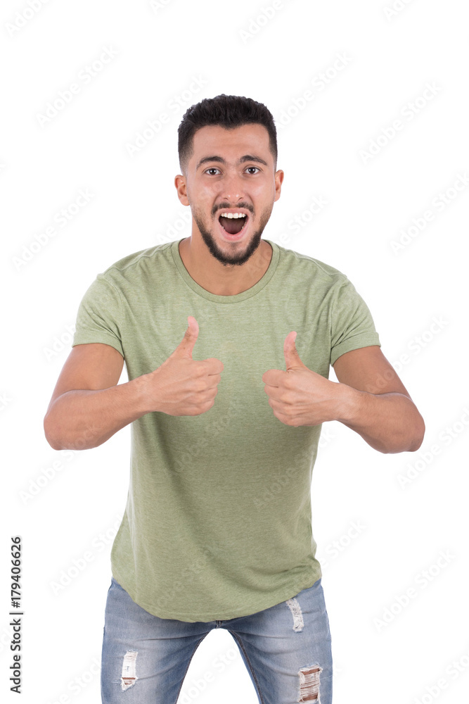 Happy adult man is standing proud and making a like gesture. Isolated ...
