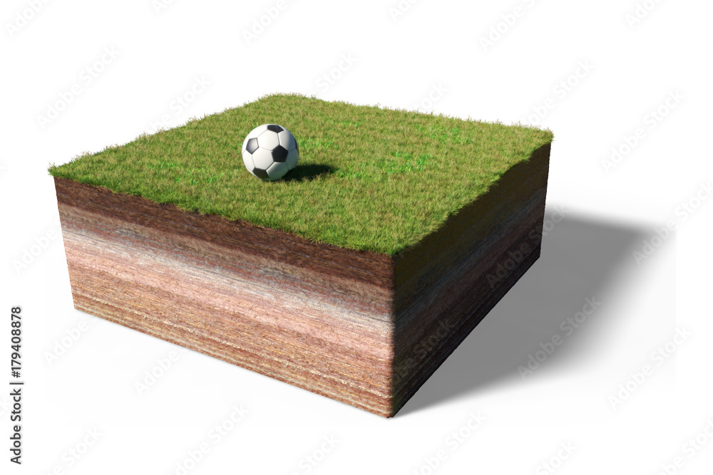 model of a cross section of ground with soccer ball on soccer field ...