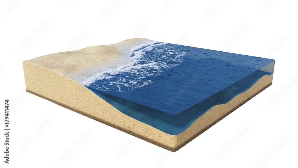 cross section of a strand area with ocean water, beach cube concept ...