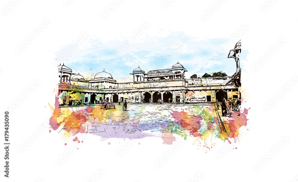 Watercolor sketch with splash of Jodha Bai Palace, Fatehpur Sikri, Uttar Pradesh, India. Vector ...