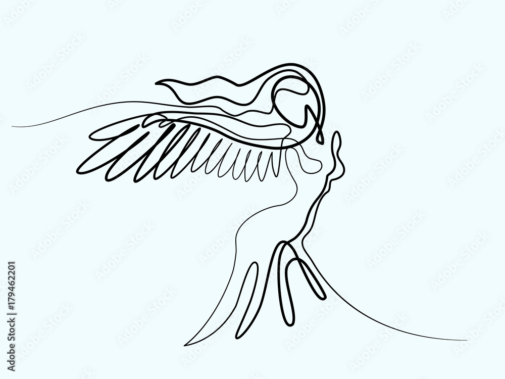Continuous line drawing. Abstract portrait of angel woman with wings ...