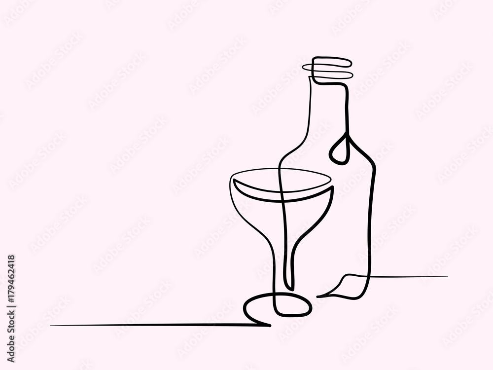 Continuous line drawing. Wine bottle and glass contour. Black outline ...