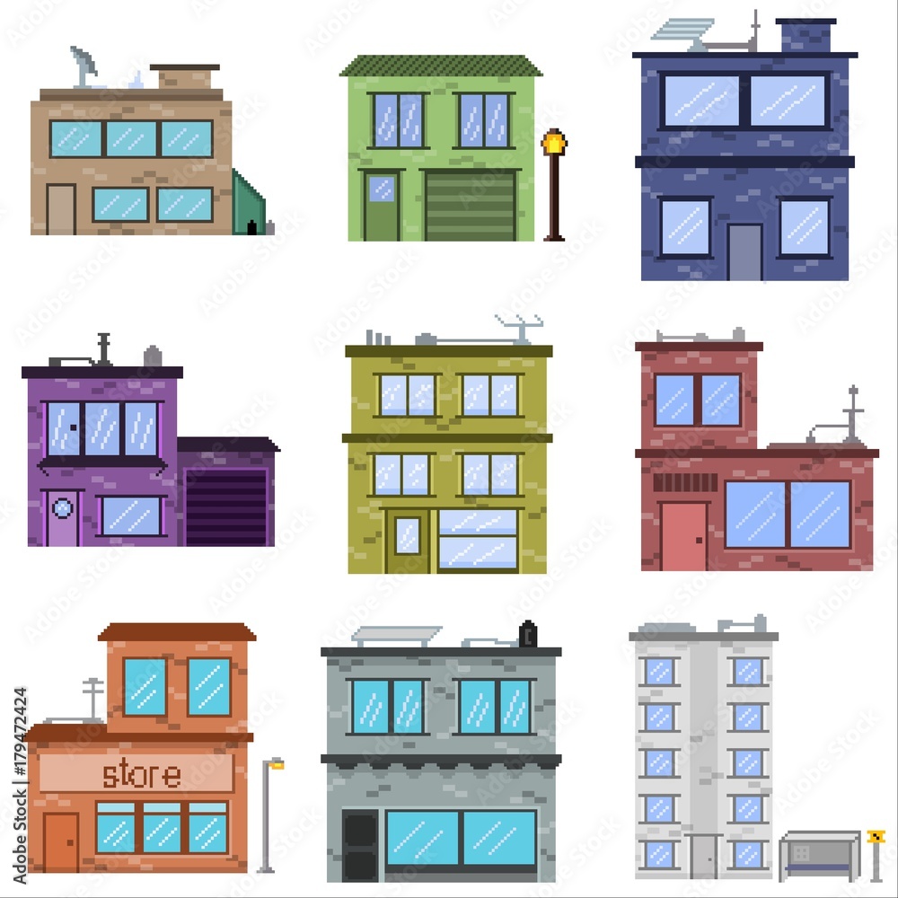 buildings set pixel art Stock Illustration | Adobe Stock