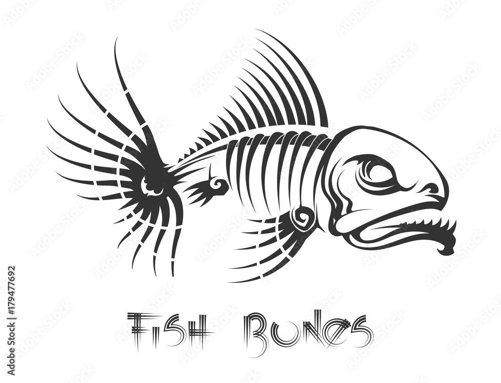 Fish bones tattoo. Aggressive toothy fish leftovers vector illustration ...