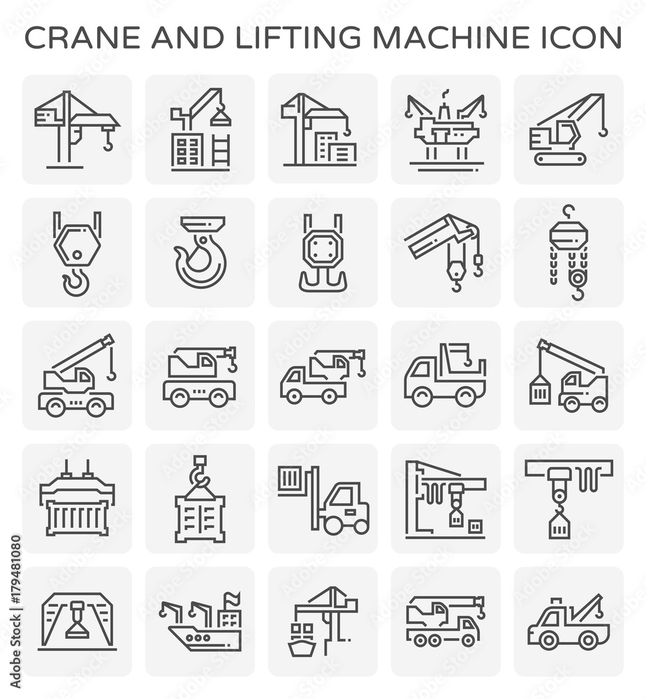 Crane icon or lifting equipment i.e. tower, crawler, wich, mobile ...