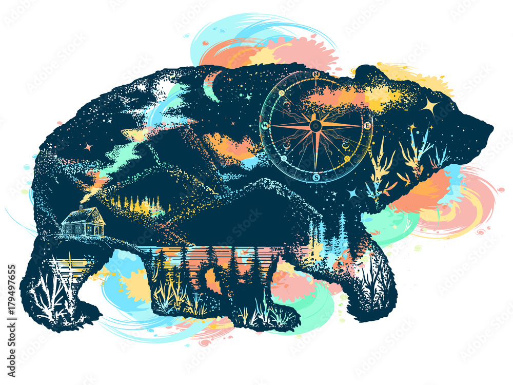 Magic bear double exposure color tattoo art. Mountains, compass. Bear ...