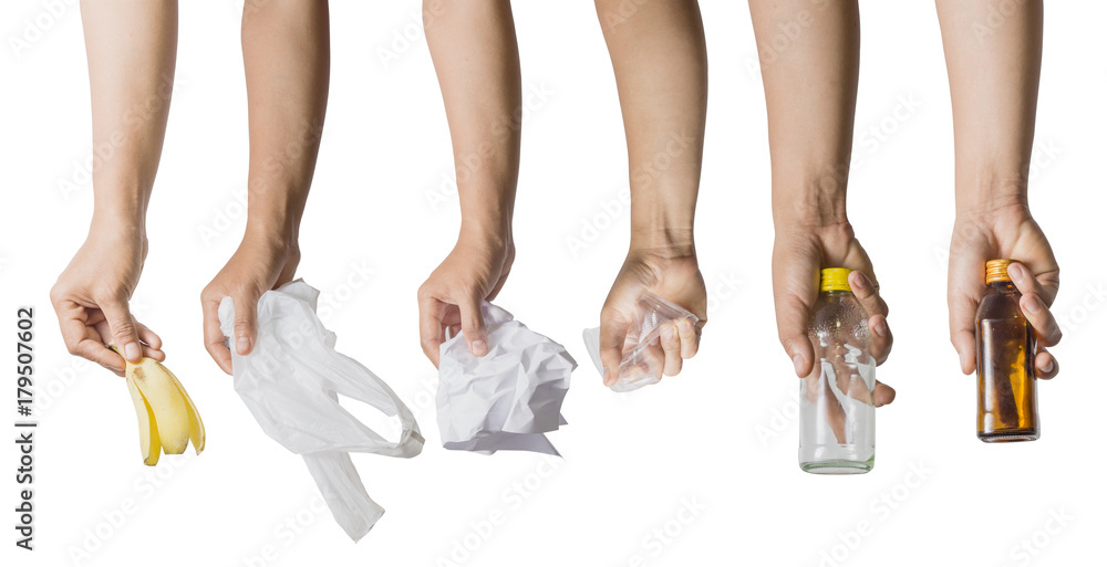 Collections of hand holding banana peel, white plastic bag, crumpled ...