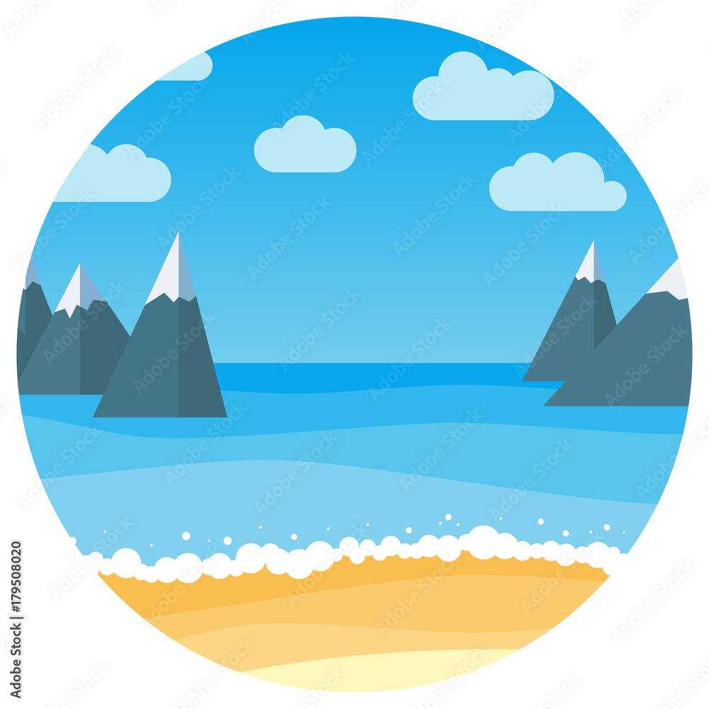 Vector landscape with summer beach and rocks in circle. Waves of the ...