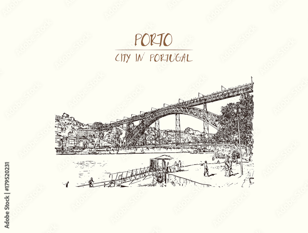 Hand drawn sketch of Porto, Portugal Douro river the and the Porto ...