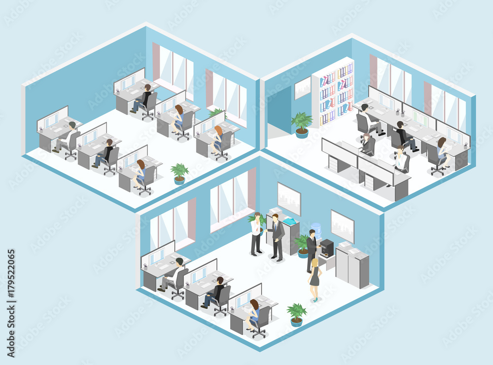 Flat 3d isometric office floor interior departments concept vector ...