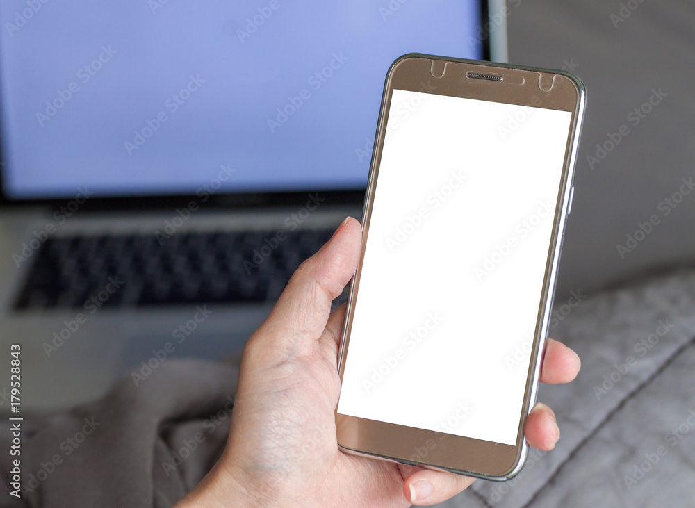 Using smartphone with white screen, mobile device and wireless ...