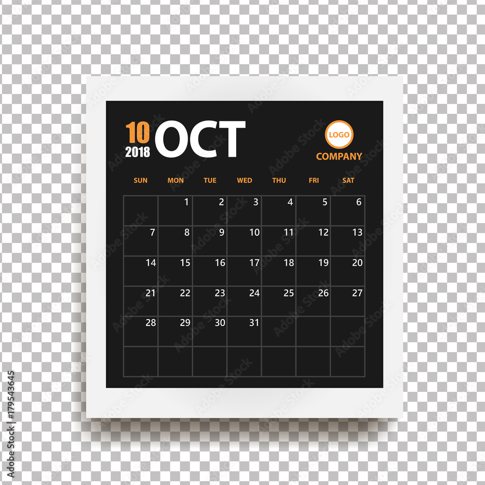 October 2018 calendar in realistic photo frame with shadow isolated on ...