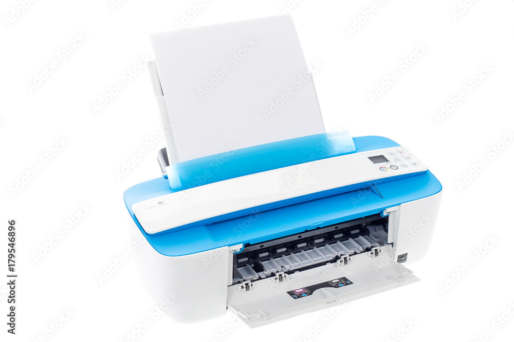 Impresora láser azul aislada sobre fondo blanco Stock Photo | Adobe Stock