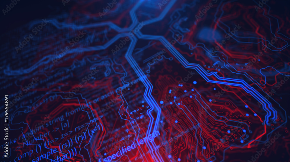 Red and Blue Digital Terminal Background. Code processing. Printed ...