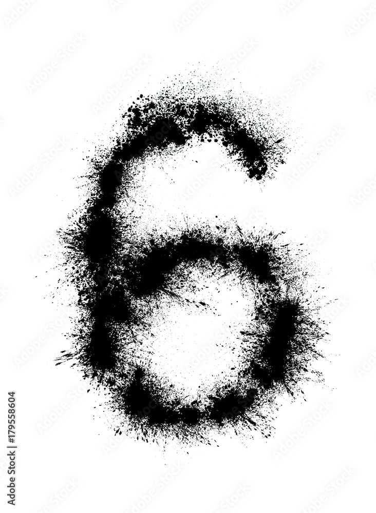 Number 6 six character made of black powder ink isolated on white ...