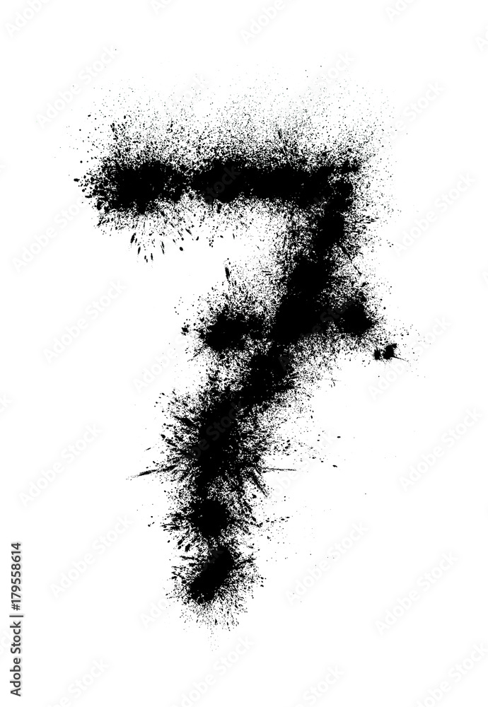 Number 7 seven character made of black powder ink isolated on white ...