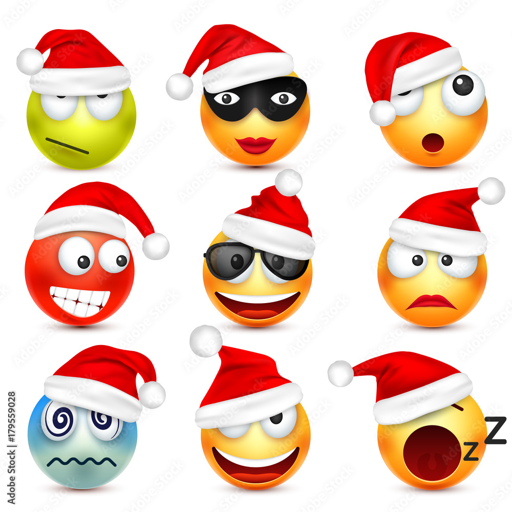 Smiley,emoticon set. Yellow face with emotions and Christmas hat. New ...