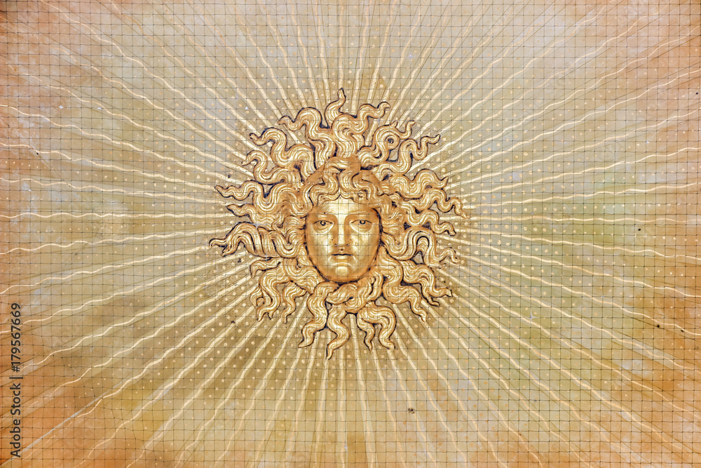 golden Medusa sculpture on ceiling at longchamp palace Stock Photo ...