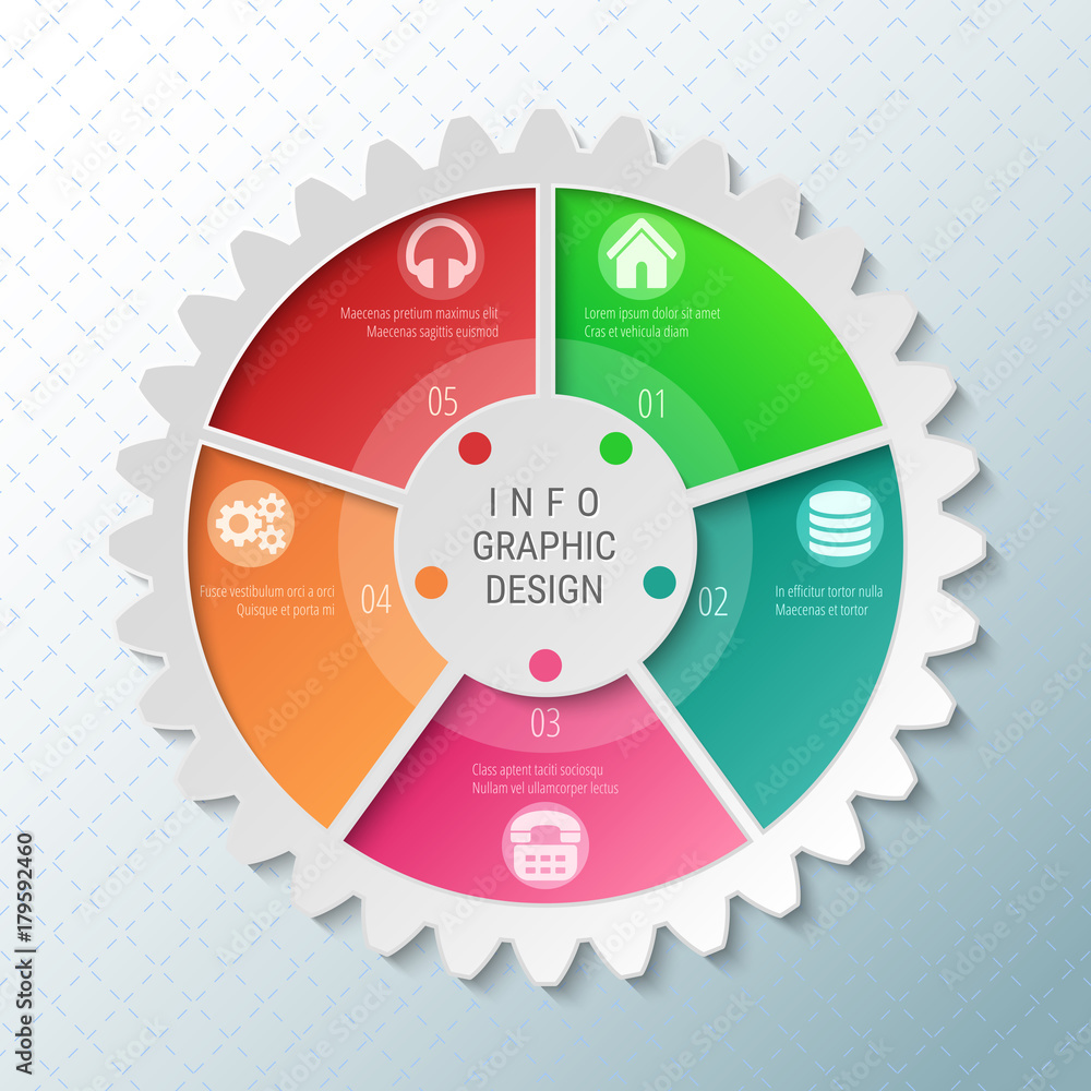 Gear wheel pie chart with 5 spokes. Flowchart with options for ...