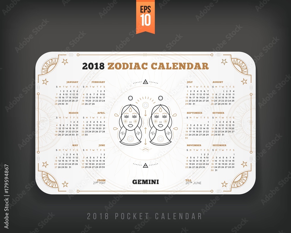 Gemini 2018 year zodiac calendar pocket size horizontal layout White ...