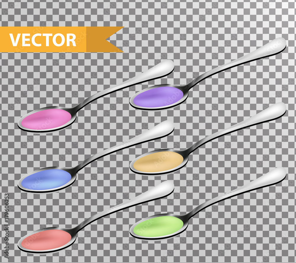 Realistic Metallic teaspoon with liquid, syrup set. 3d tablespoon ...