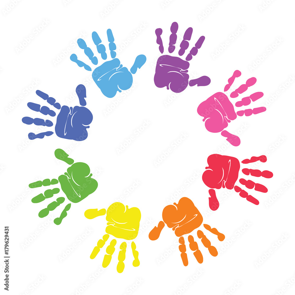 Circle spiral of colorful hand prints made by children isolated on ...