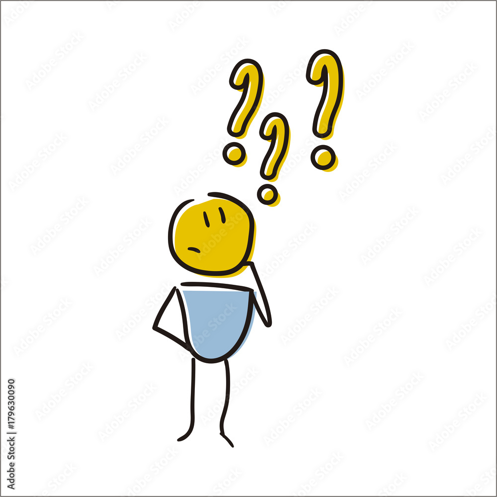 Little character thinking under question marks. Doubts and questions ...