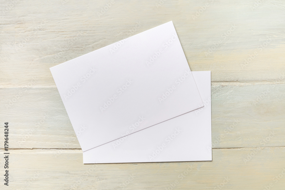 Overhead photo of blank cards on wooden texture, invitation temp Stock ...