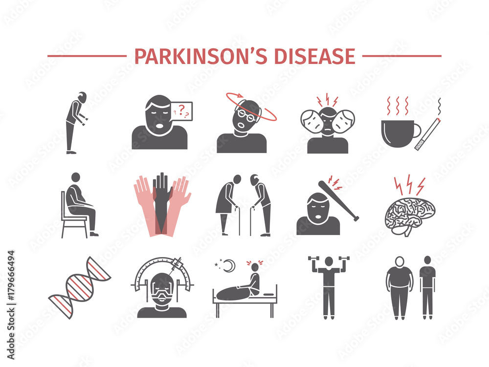Parkinson's disease. Symptoms, Treatment. Flat icons set. Vector signs ...